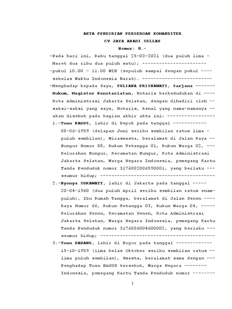 Akta CV Jaya Abadi, Analisis & Akta Perubahan Pengurus | PDF