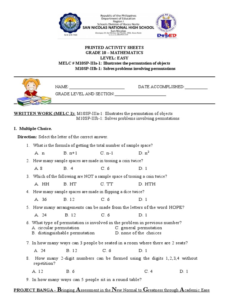 Grade 10 Mathematics: Permutations Guide | PDF | Permutation | Teaching ...