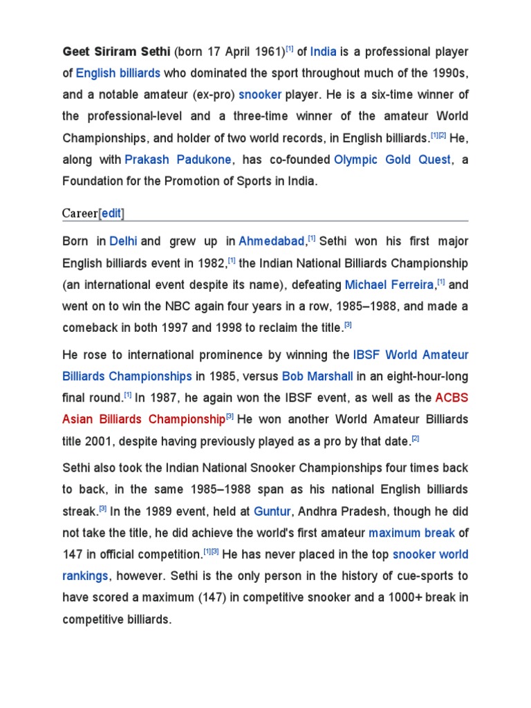 Geet Siriram Sethi (Born 17 April 1961) : India English Billiards ...