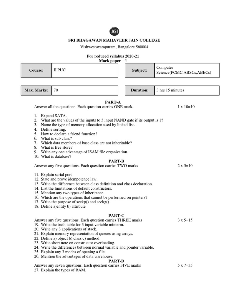 IIpu Computer SC Mock Question Paper 1 | PDF | Method (Computer Programming) | Subroutine