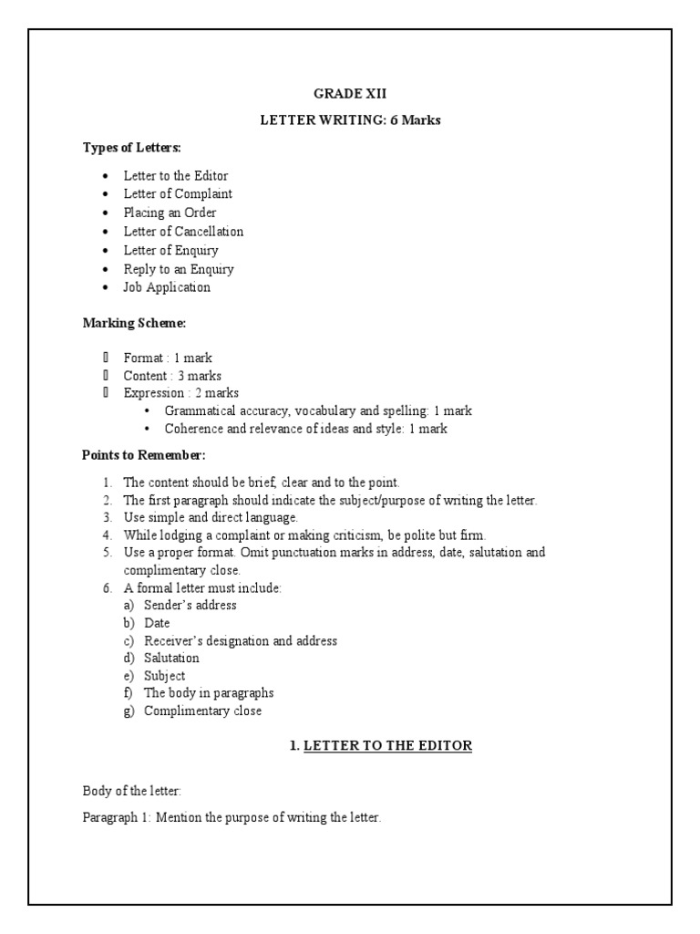 Grade Xii Letter Writing: 6 Marks Types of Letters | PDF | Paragraph ...