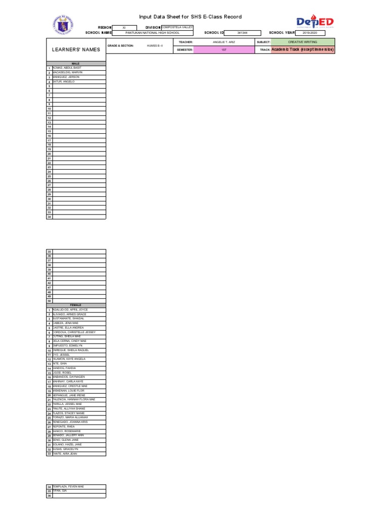 Learners' Names: Input Data Sheet For SHS E-Class Record | PDF