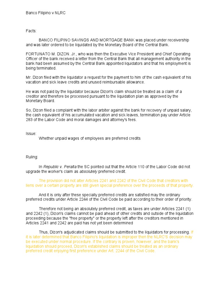 Banco Filipino V NLRC Case Digest | PDF | Credit | Finance & Money ...