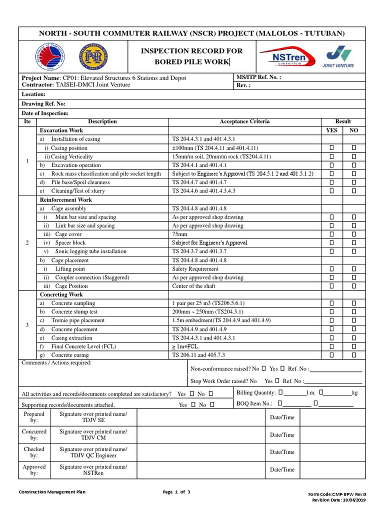 01 CMP-BPW Bored Pile Work Inspection Checklist T&D Rev0 | PDF | Deep Foundation | Concrete