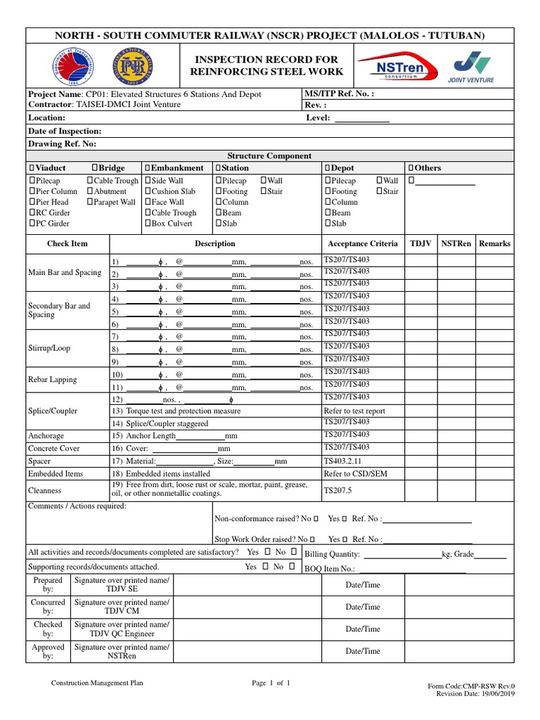 02 CMP-RSW Reinforcing Steel Work Inspection Checklist T&D Rev0 | Download Free PDF | Building ...