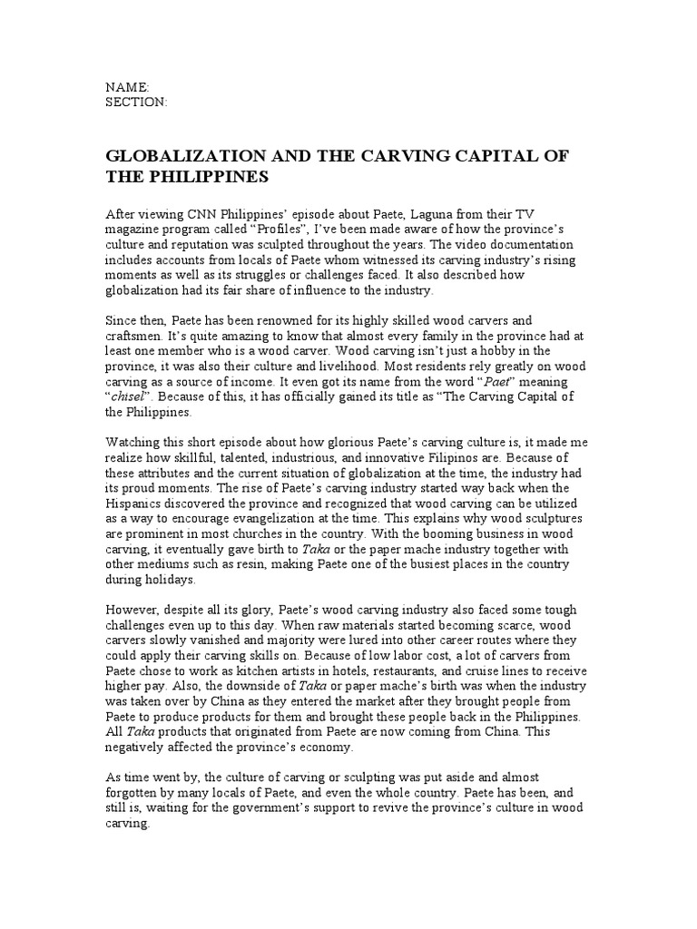 Reflection Paper On Paete's Carving Industry | PDF | Wood Carving ...