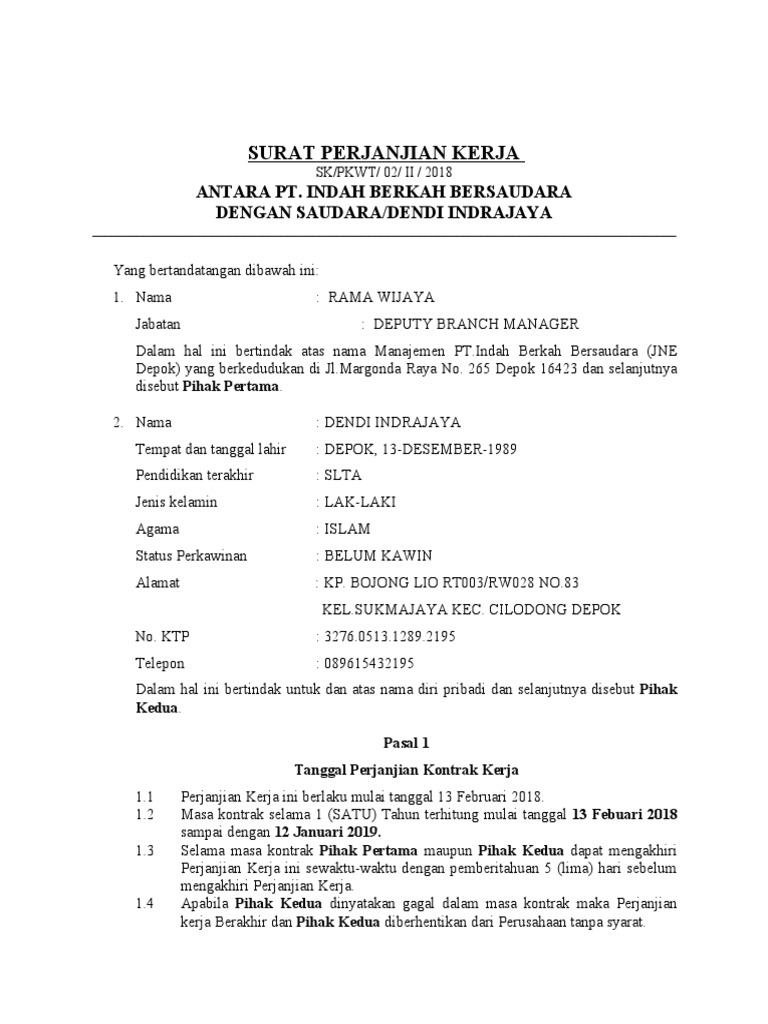 CONTOH DRAFT PKWT PT - IBB (JNE - DEPOK) | PDF