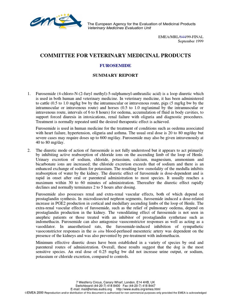 Furosemide Veterinary Use Summary Report | PDF | Clinical Medicine ...