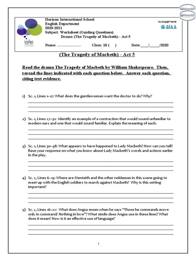 Act 5 (Guiding Questions) | PDF | Macbeth