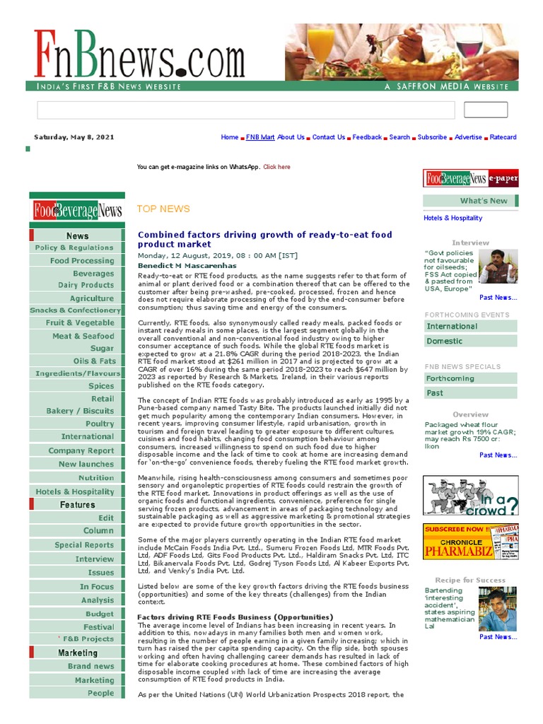 FNB News - Combined Factors Driving Growth of Ready-To-Eat Food Product ...