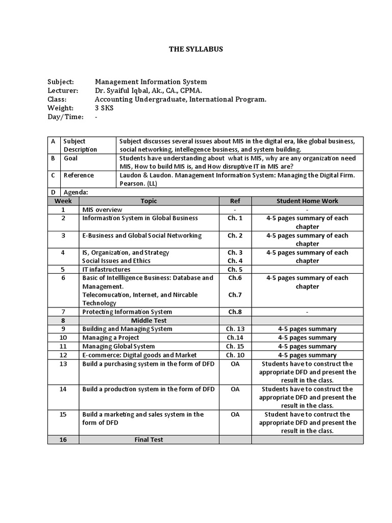 The Mis Syllabus | PDF | Management Information System | Information Age