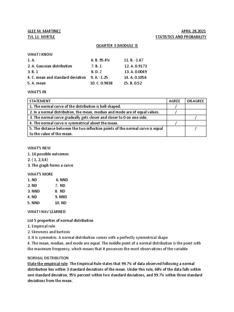 Statistics and Probability Module 3 | PDF | Normal Distribution | Mean