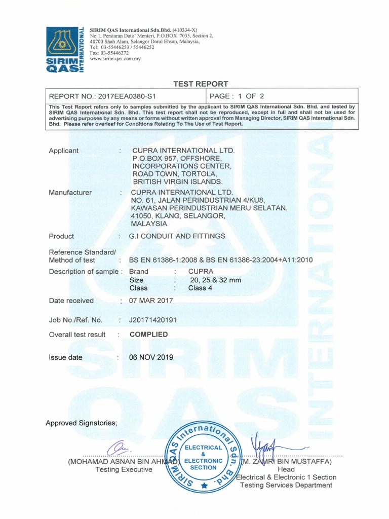 Test Report GI Sirim | PDF