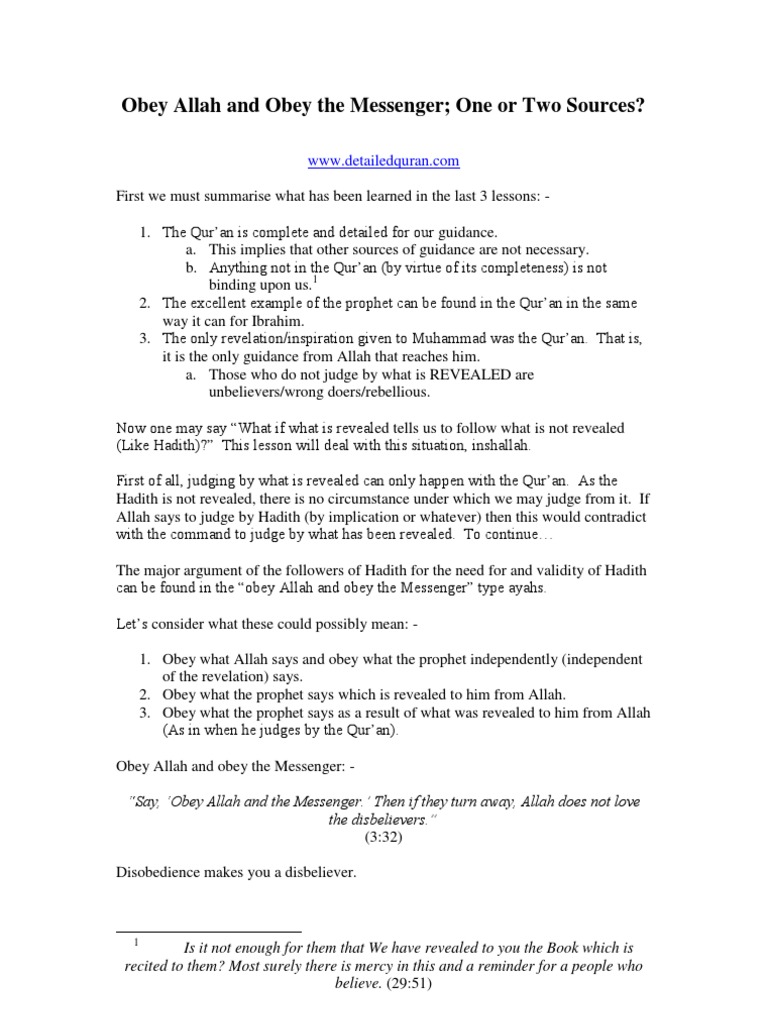 Obey Allah and Obey The Messenger One or Two Sources? | PDF | Prophets ...
