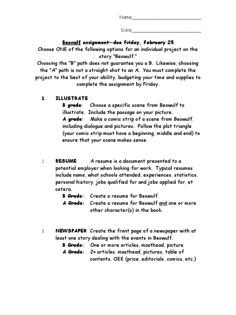 Beowulf Project Assignment Guide | PDF | Beowulf | Comics