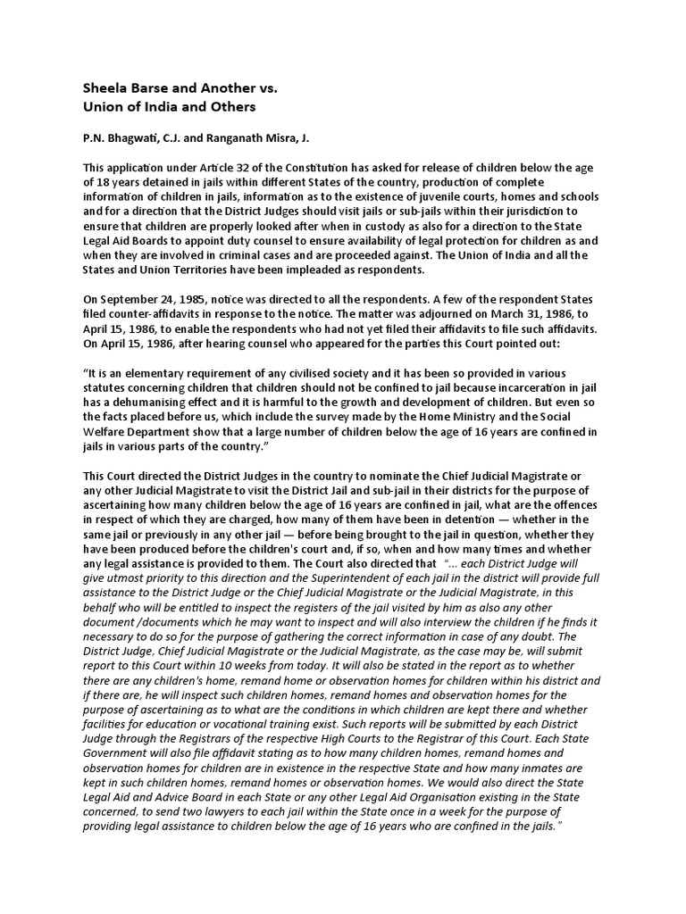 Sheela Barse and Another vs. Union of India and Others: P.N. Bhagwati ...