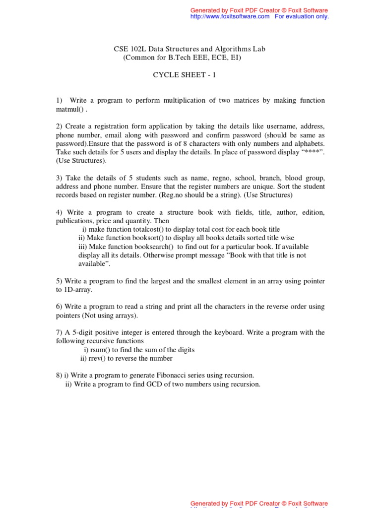 CSE 102L Data Structures and Algorithms Lab (Common For B.Tech EEE, ECE, EI) Cycle Sheet - 1 ...