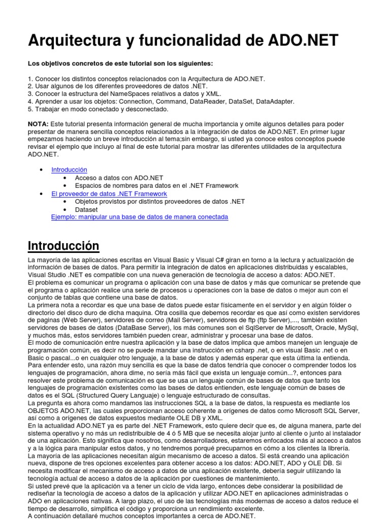 Arquitectura y Funcionalidad de ADO NET | Descargar gratis PDF | Active X Data Objects | .NET ...