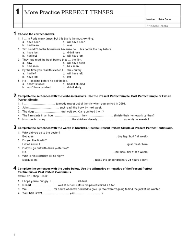 Perfect Tenses Practice Exercises | PDF | Perfect (Grammar) | Language ...