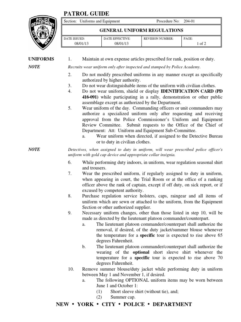 NYPD Uniform Regulations Overview | PDF | New York City Police ...