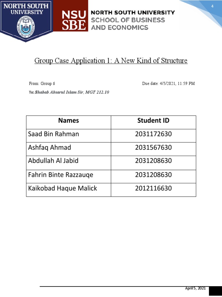 Group Case Application 1: A New Kind of Structure: Names Student ID ...