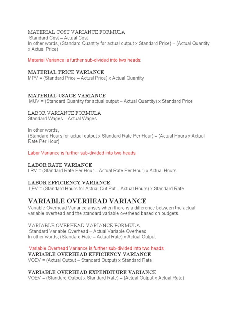 Variable Overhead Variance: Material Cost Variance Formula | PDF ...