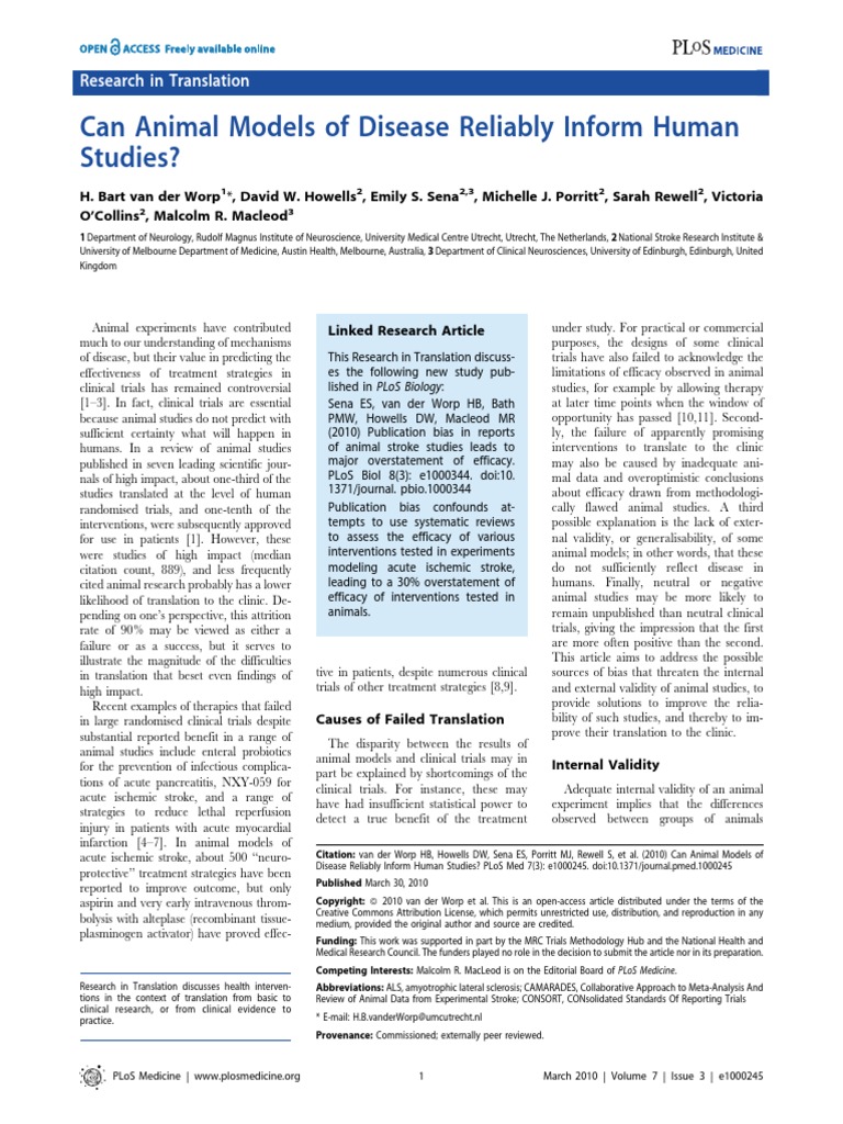 Can Animal Models of Disease Reliably Inform Human Studies?: Research ...