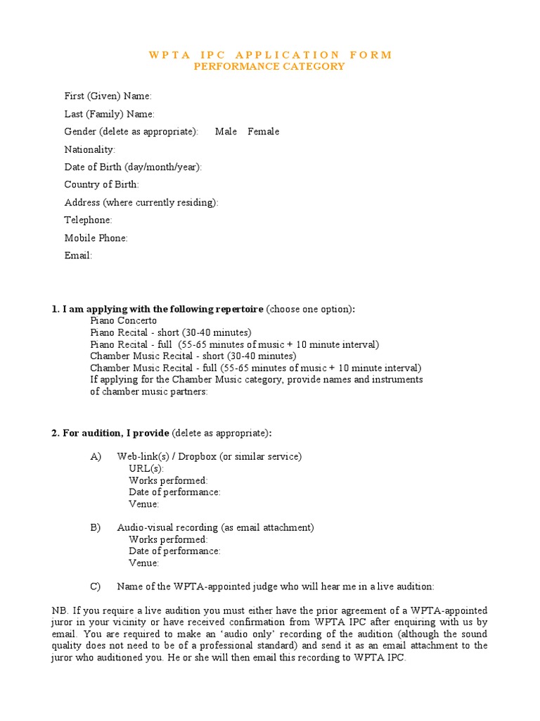 Wpta Ipc Application Form Performance Category: 1. I Am Applying With ...