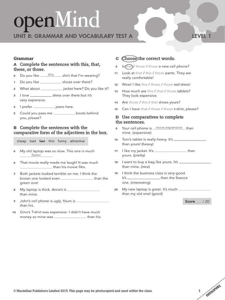 Level 1 Unit 8: Grammar and Vocabulary Test A | PDF | Clothing ...