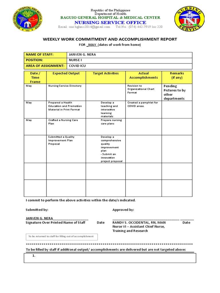 Weekly Work Commitment and Accomplishment Report: Nursing Service ...