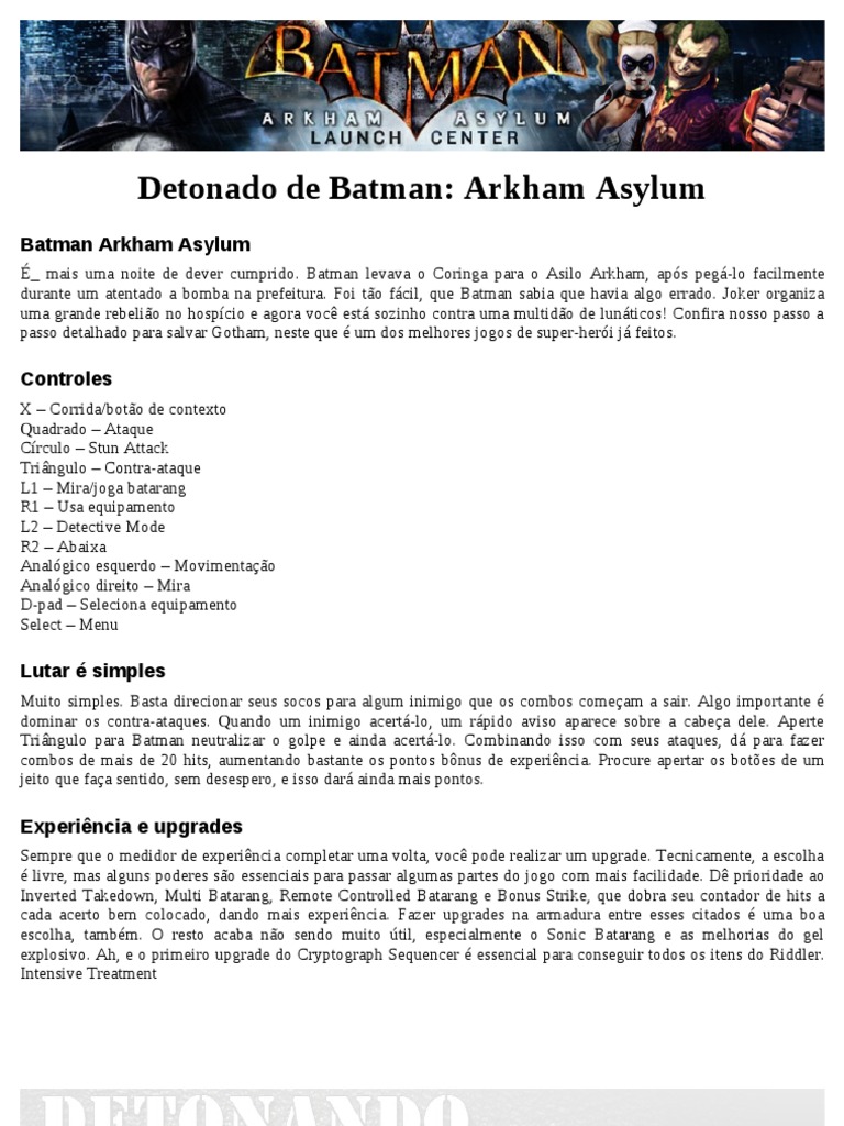 Detonado de Batman Arkham Asylum | PDF | Batman | Lazer