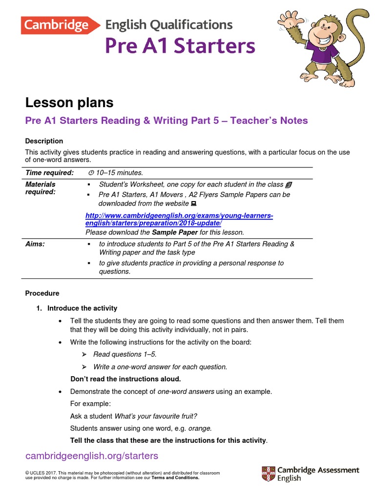 Pre A1 Starters 2018 Reading And Writing Part 5 Pdf Question