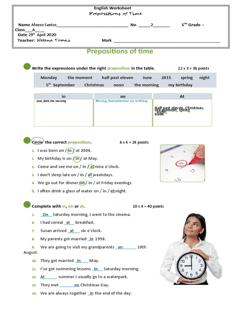 Prepositions of Time - Worksheet | PDF
