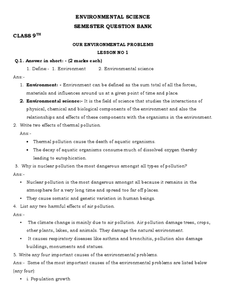 Environmental Science Semester Question Bank Class 9: Our Environmental ...