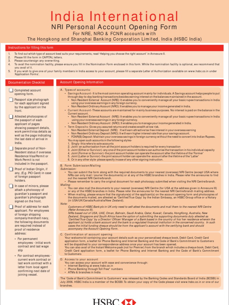 NRI Personal Account Opening Form | PDF | Credit Card | Overdraft