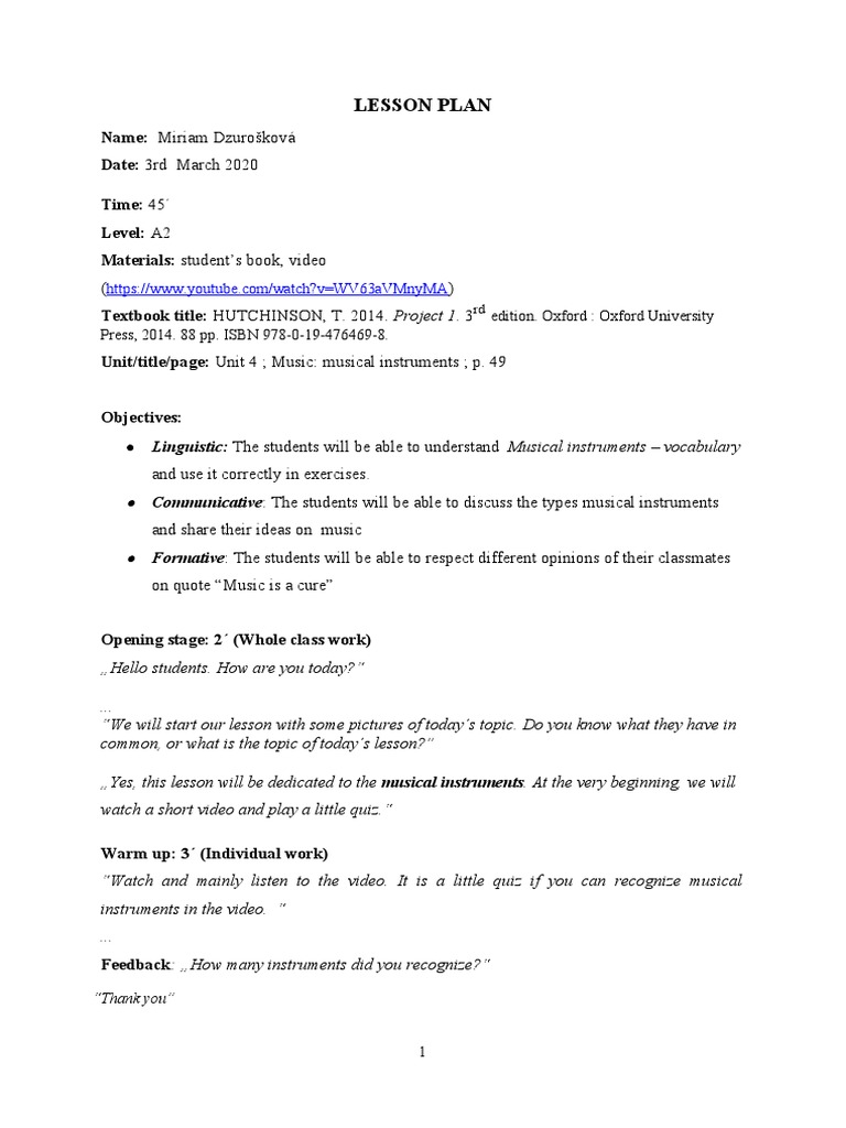 5th Grade Musical Instruments Lesson Plan | PDF | Entertainment ...