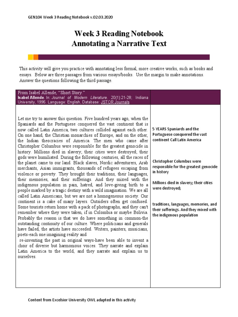 Week 3 Reading Notebook Annotating A Narrative Text: From Isabel Allende, "Short Story ...