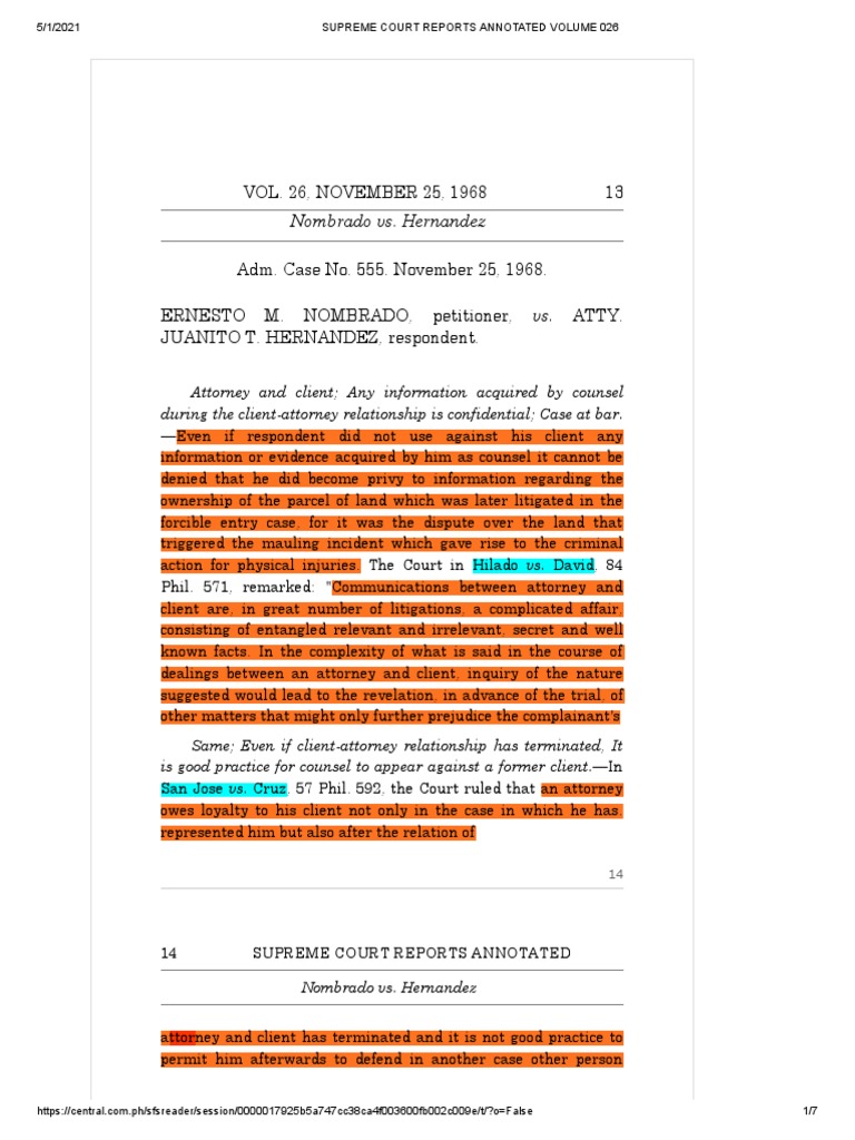 Nombrado vs. Hernandez, 26 SCRA 13, November 25, 1968 | PDF | Lawyer ...