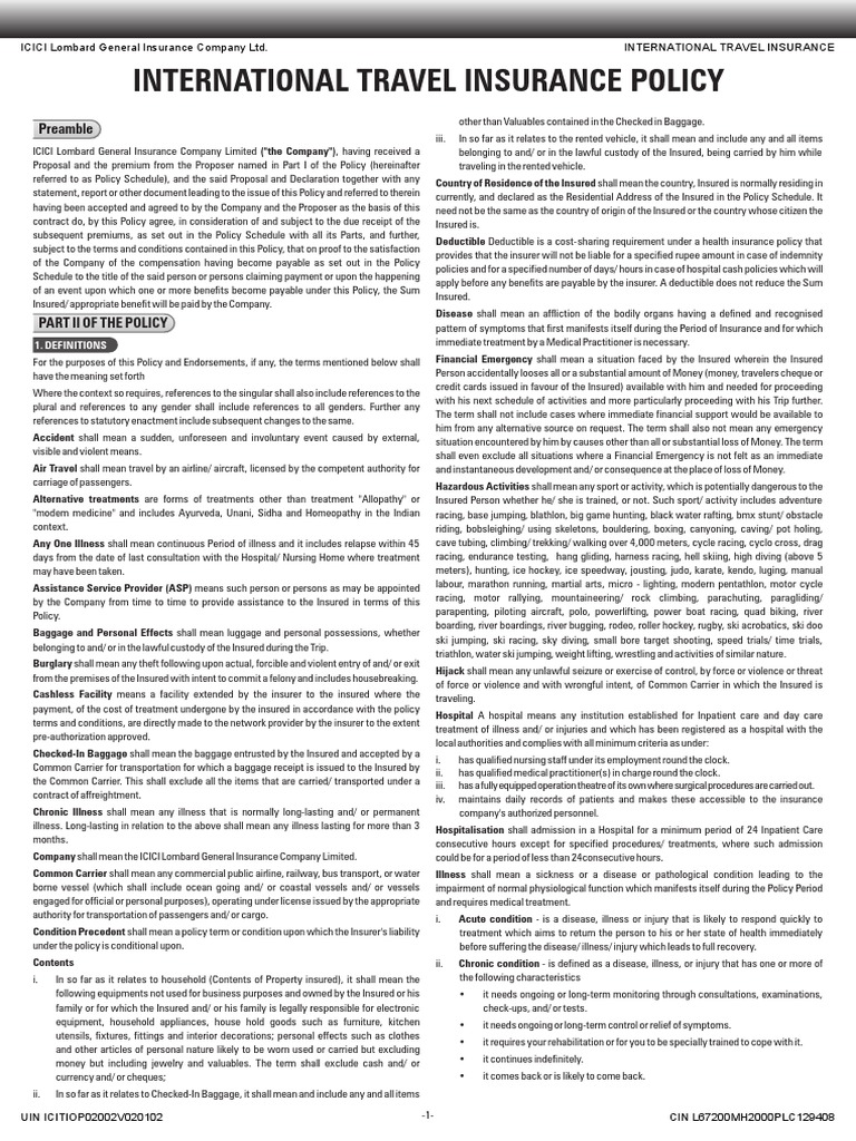 International Travel Insurance Policy Wording | PDF | Insurance ...