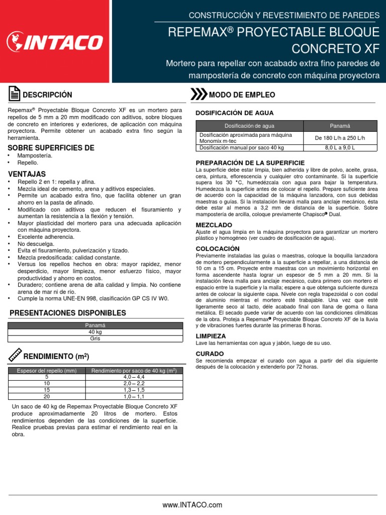 Ficha Tecnica Repemax Proyectable Bloque Concreto XF (Intaco) - 1 | PDF ...