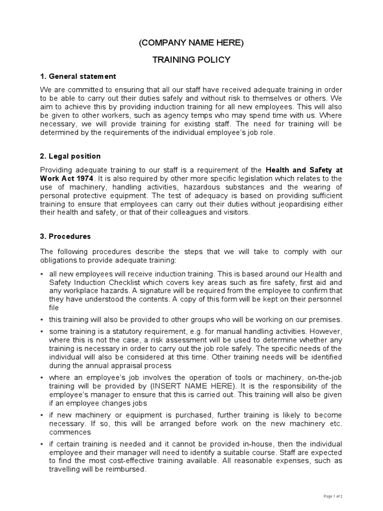 (Company Name Here) Training Policy: 1. General Statement | PDF ...