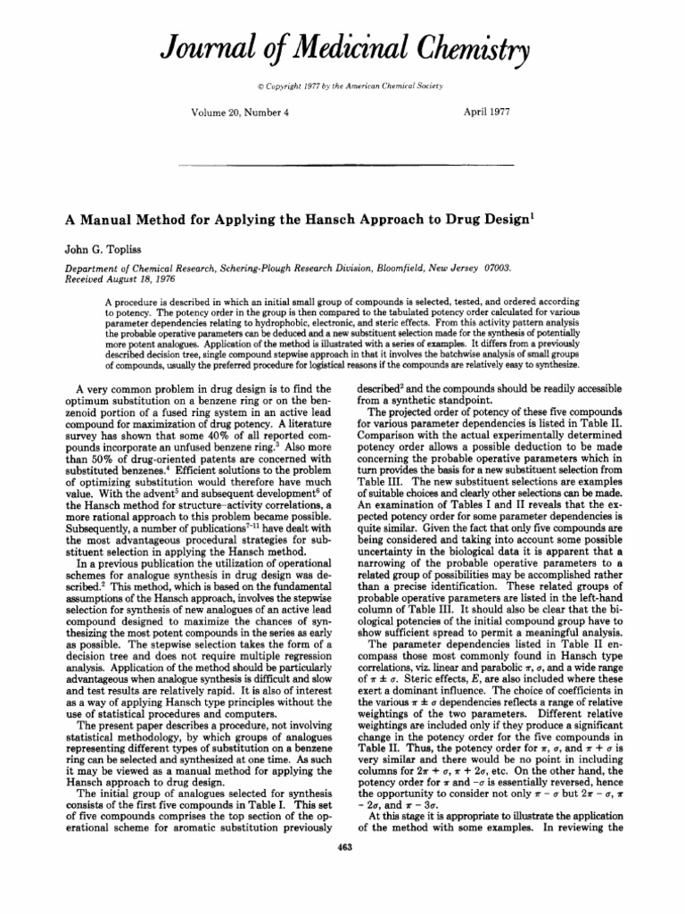 A Manual Method For Applying The Hansch Approach To Drug Design | PDF ...