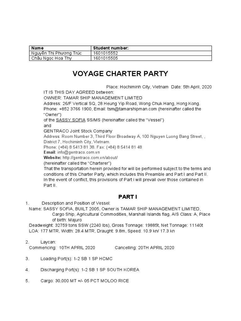 Voyage Charter Party | PDF | Tonnage | Cargo
