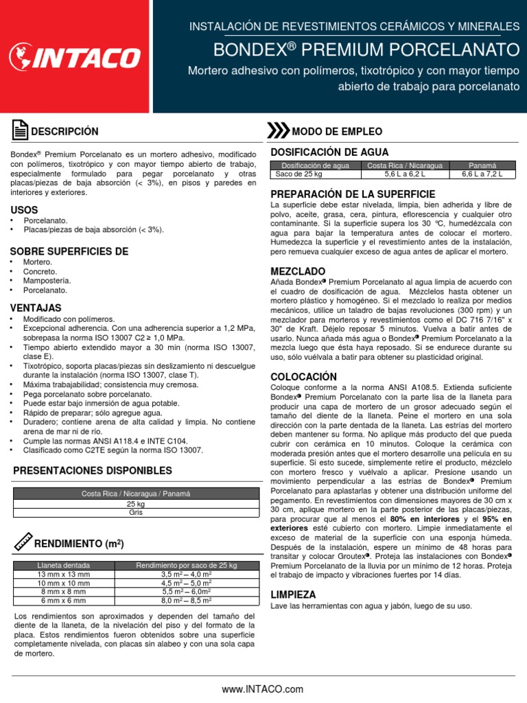 FT Bondex Premium Porcelanato (Intaco) - 1 | PDF | Agua | Materiales