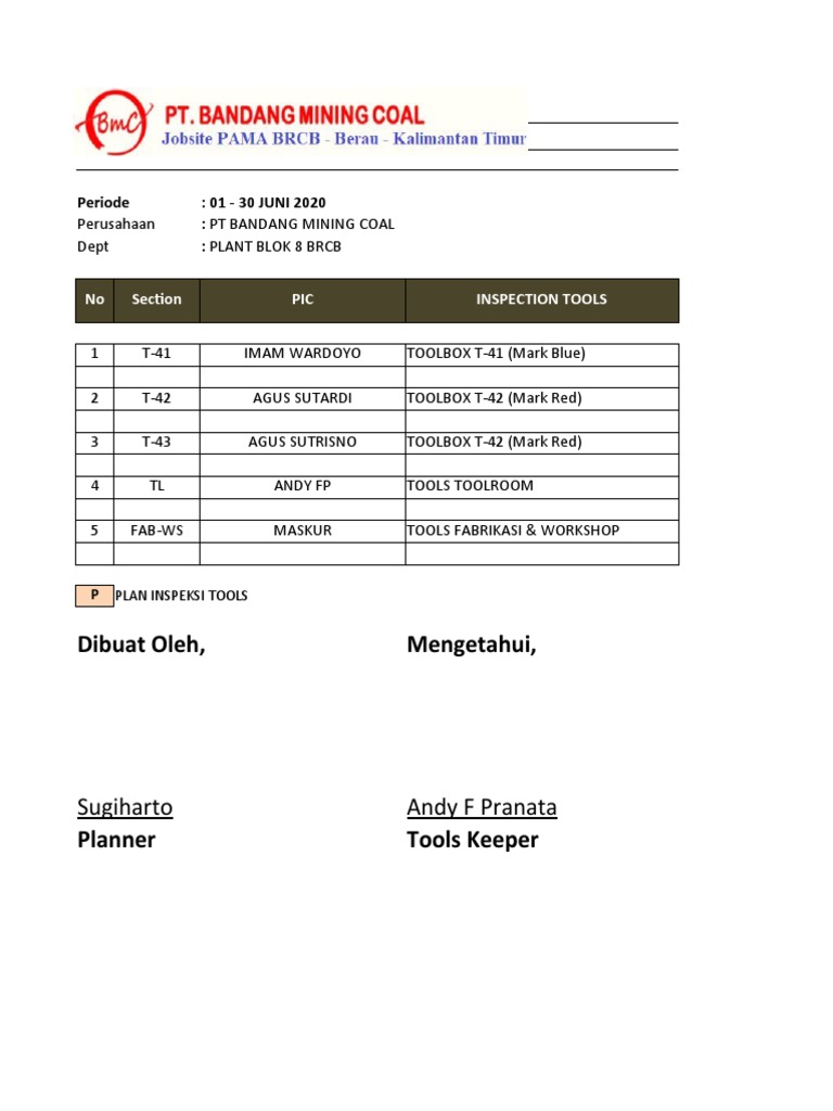 Rencana Inspeksi Alat PT BMC 2020 | PDF