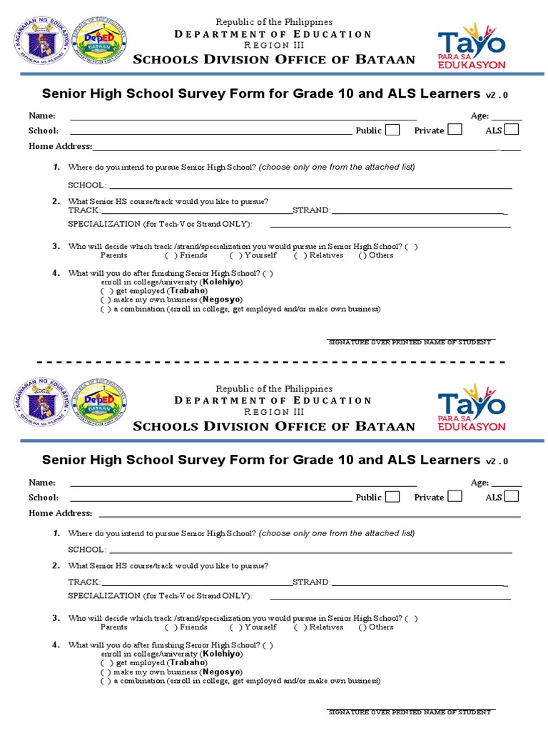 S D O B: Senior High School Survey Form For Grade 10 and ALS Learners ...