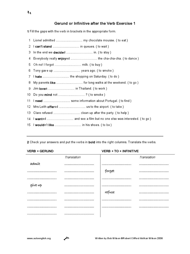 Gerund or Infinitive After The Verb Exercise 1 at Auto English | PDF | Semantic Units | Syntax