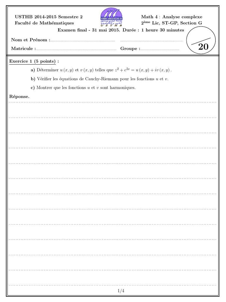 Math 4 Final Exam S2015 G | PDF | Enseignement des mathématiques ...