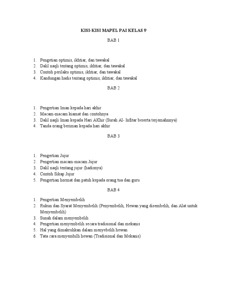 Kisi-Kisi Mapel Pai Kelas 9 | PDF