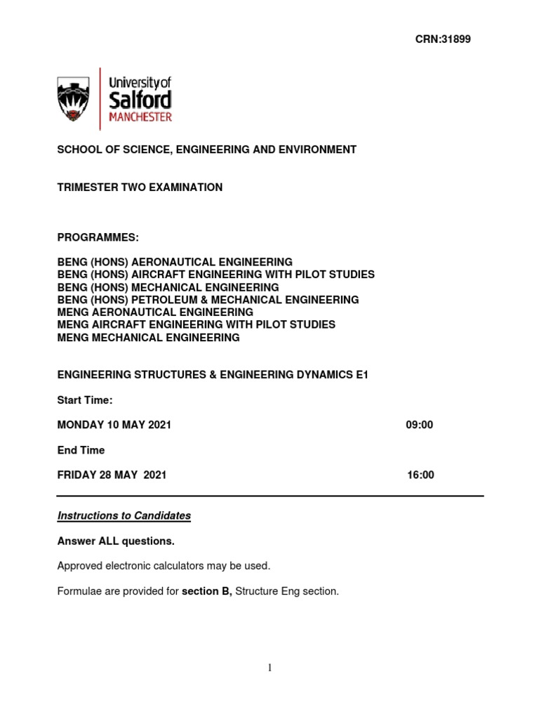 Engineering Structures and Engineering Dynamics E1 Exam For 2021 Final ...